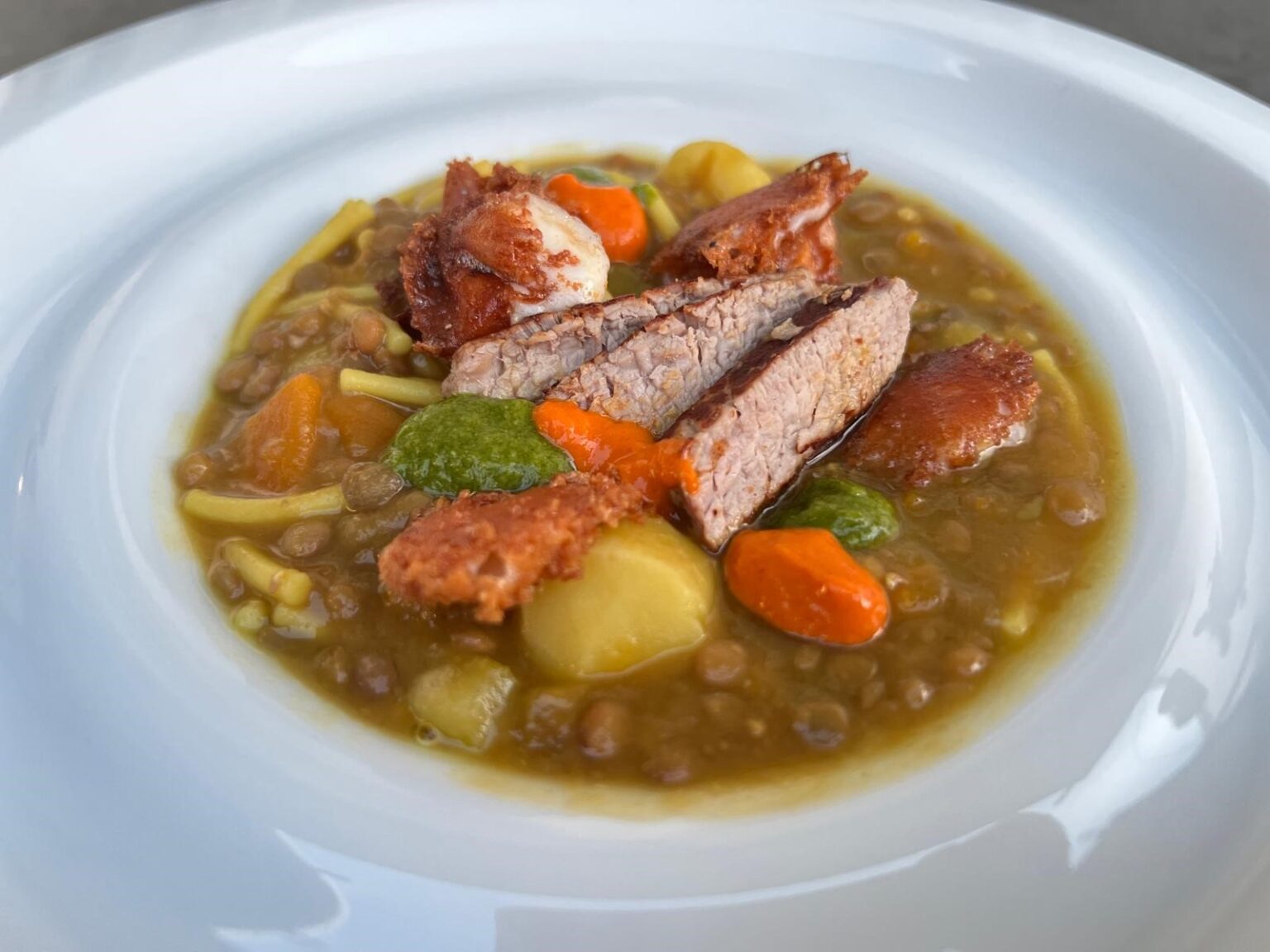 Lentil Stew with Pork Ribs, Goat Cheese & Gofio Crisp by Tasting Spain ...